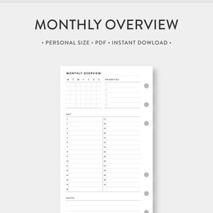 Personal, Monthly Overview Printable | Month at a Glance | Month on One ...