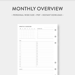 Personal Wide, Monthly Overview Printable | Month at a Glance | Month ...