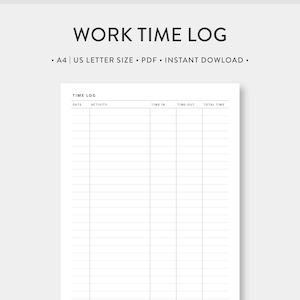 A4, US Letter, Work Time Log Printable | Simple Time Sheet Tracker ...