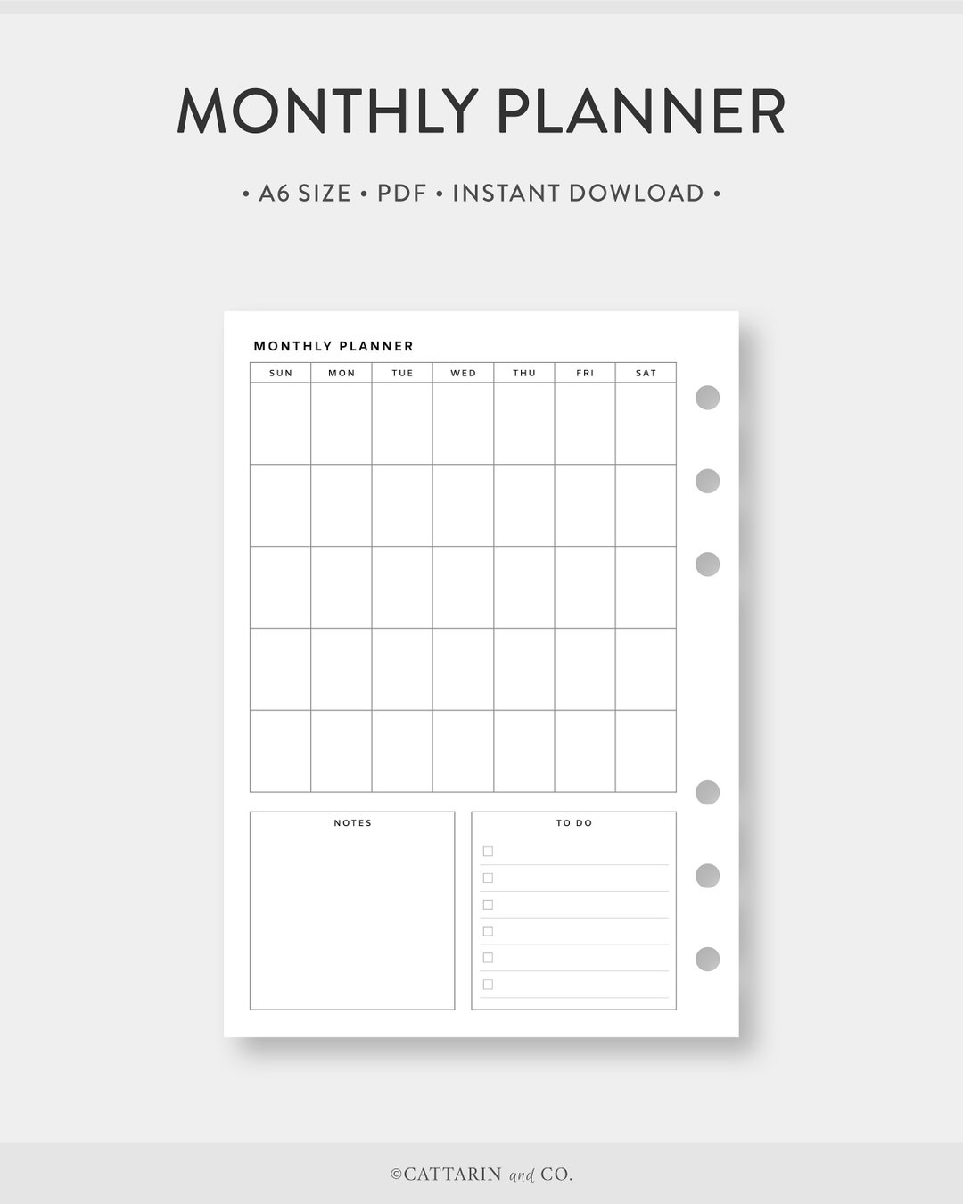 A6, Undated Monthly Planner Printable | Month on One Page | to Do List ...