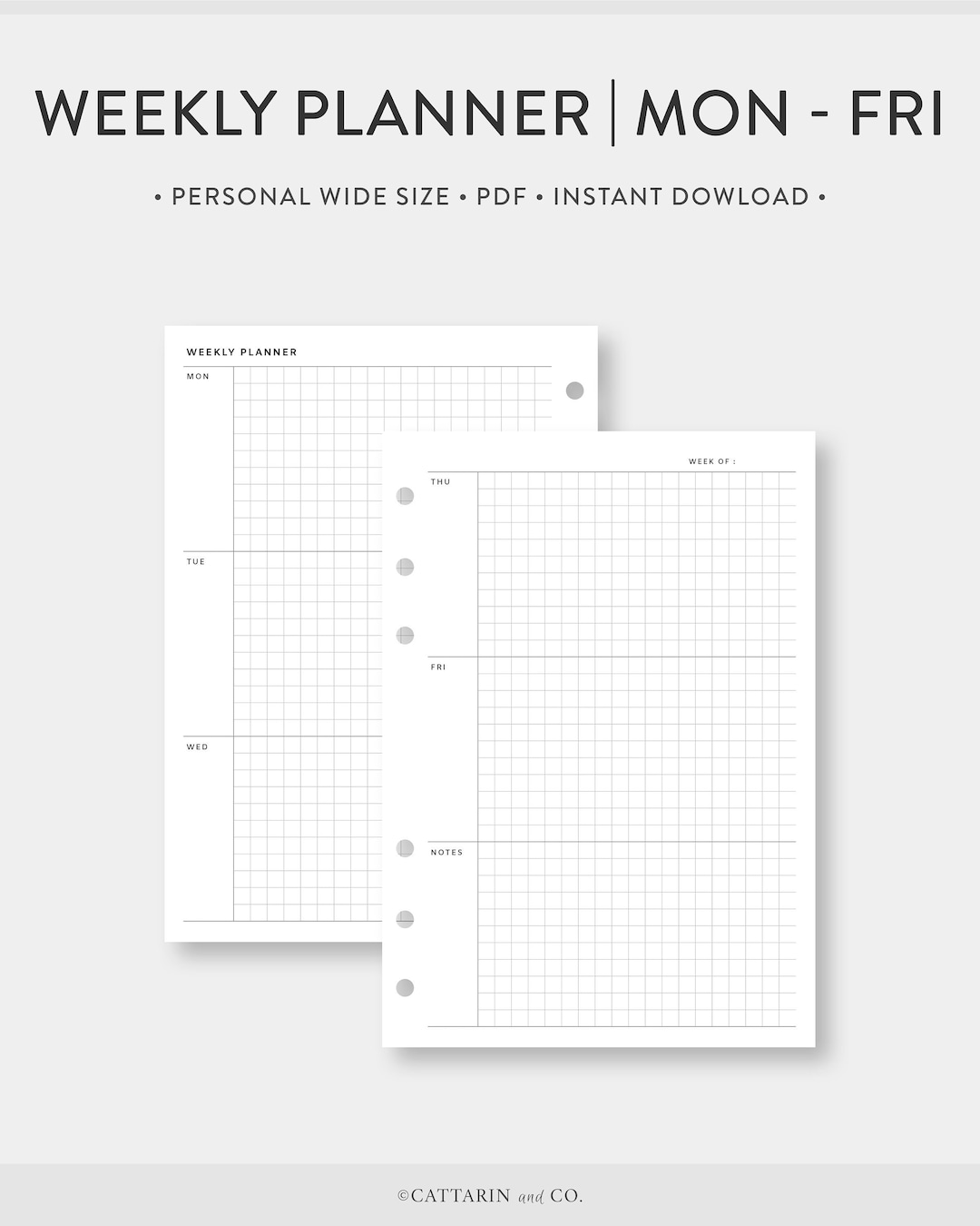 Personal Wide, 5 Days Weekly Planner Printable Monday - Friday, Grid ...