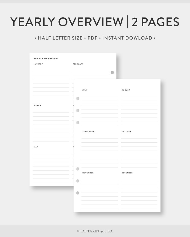 Half Letter Yearly Overview Year on Two Pages Year at a - Etsy