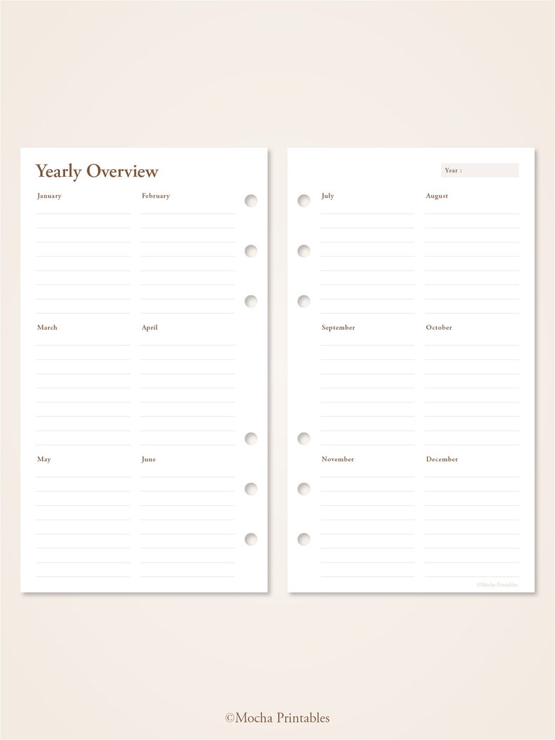 Personal, Yearly Overview Printable Year on Two Pages Year at a Glance ...