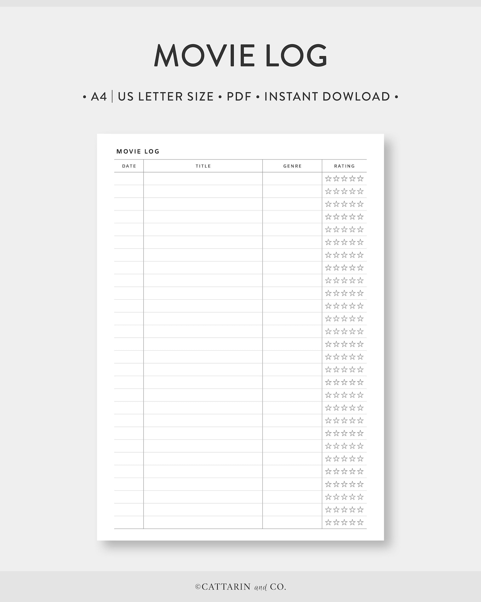 A4 | US Letter, Movie Log Printable | Movies to Watch | Movie Tracker ...