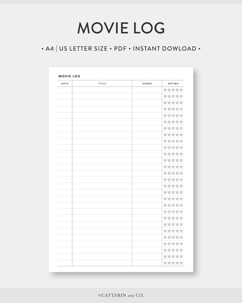 A4 | US Letter, Movie Log Printable | Movies to Watch | Movie Tracker ...