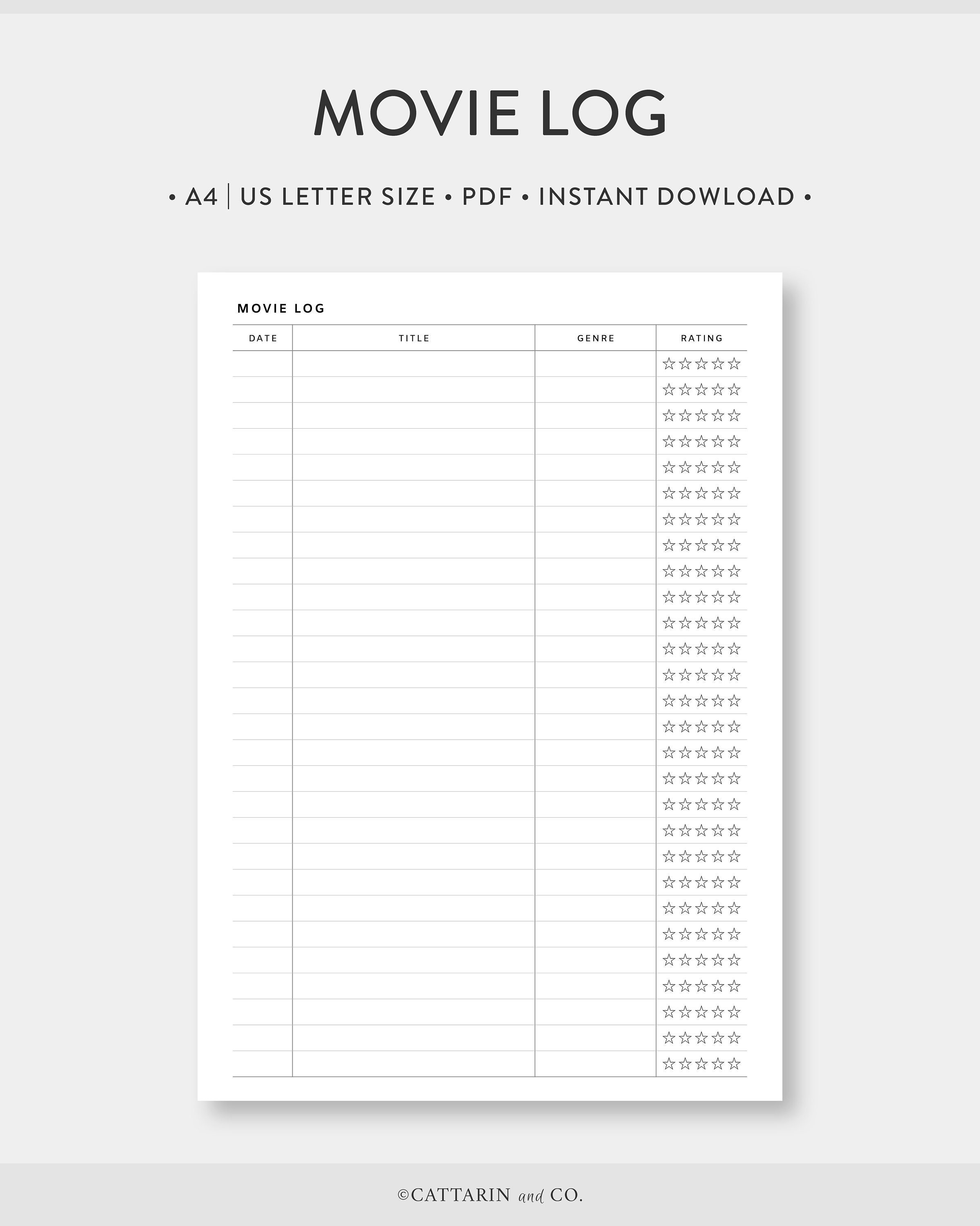 A4 | US Letter, Movie Log Printable | Movies to Watch | Movie Tracker ...
