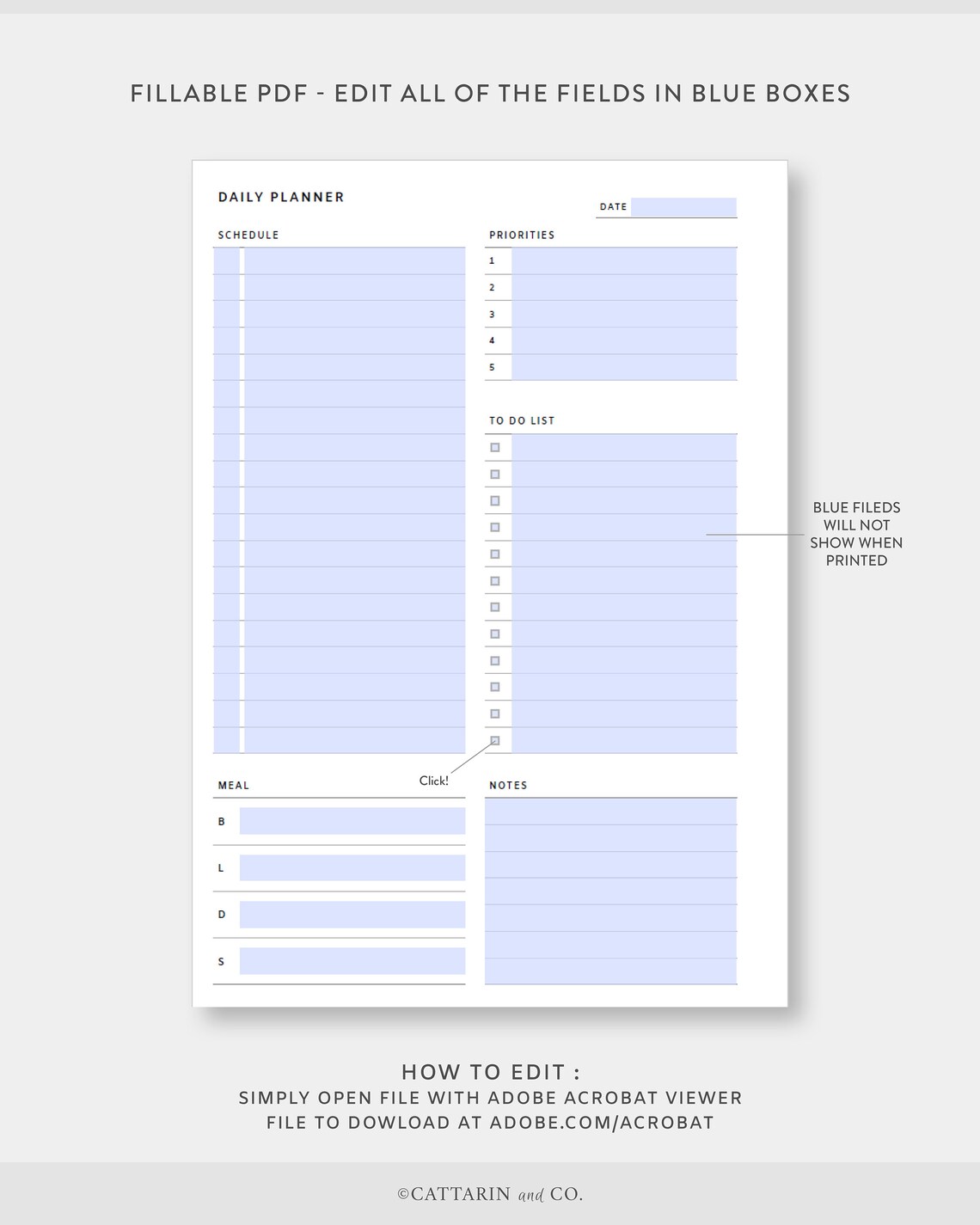 A5, Daily Planner Printable Fillable , Editable Day on One Page Undated ...