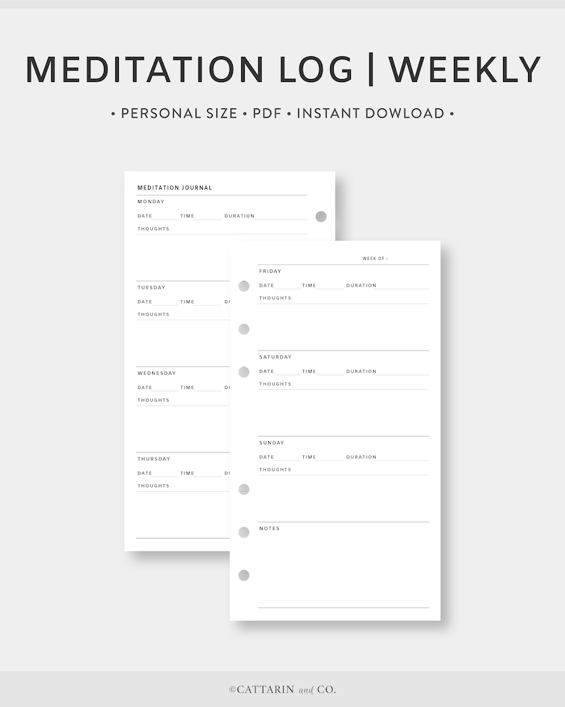 Personal, Meditation Log Weekly | Week on Two Pages | Undated Template ...