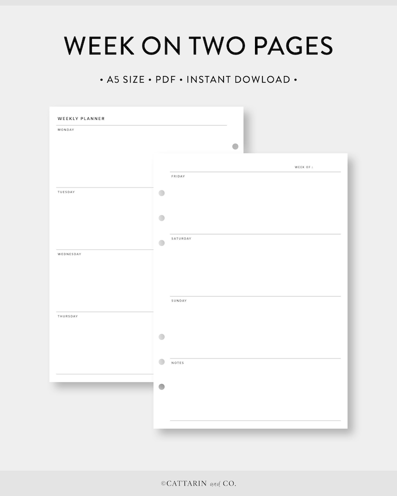 A5, Weekly Planner Printable | Week on Two Pages | Undated Template ...