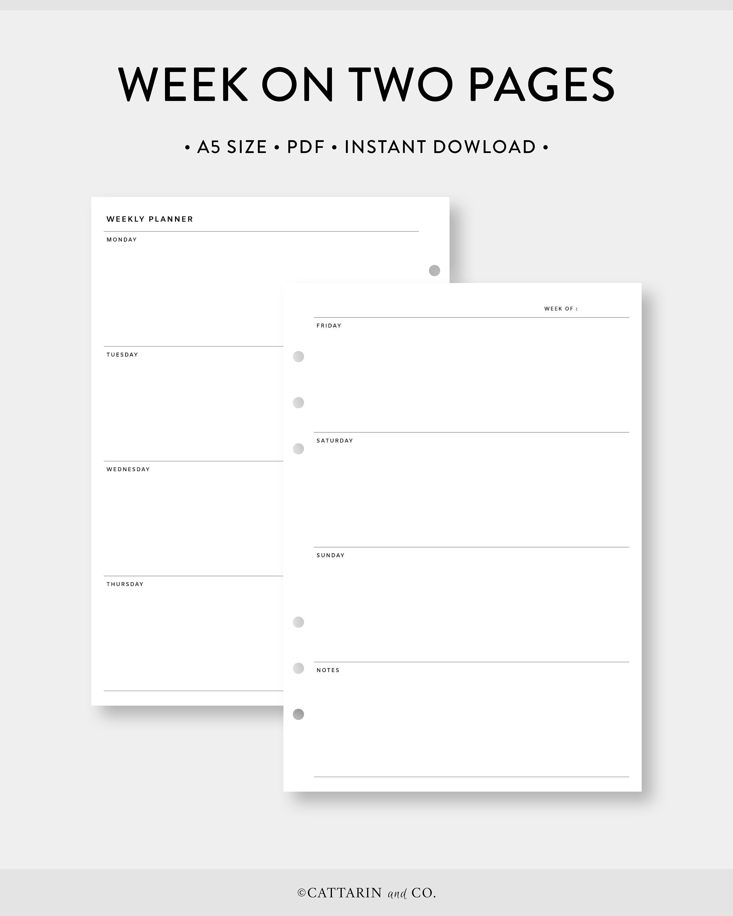 A5, Weekly Planner Printable | Week on Two Pages | Undated Template ...