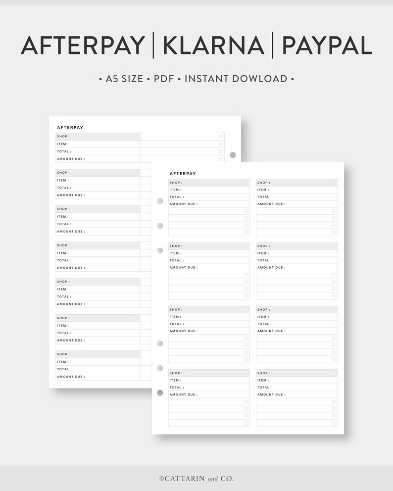 A5, Aftperpay Payment Tracker Printable Klarna, Paypal Money Spending ...