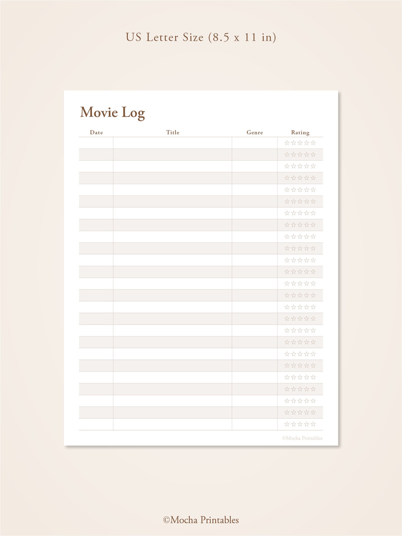 Movie Log | A4, A5, US Letter, Half Letter, Personal, Personal Wide - Etsy