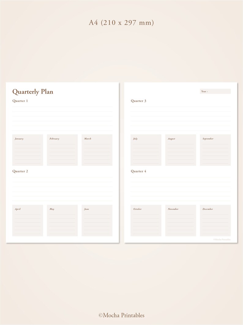 Quarterly Planner Printable | Year on Two Pages | A4, A5, US Letter ...