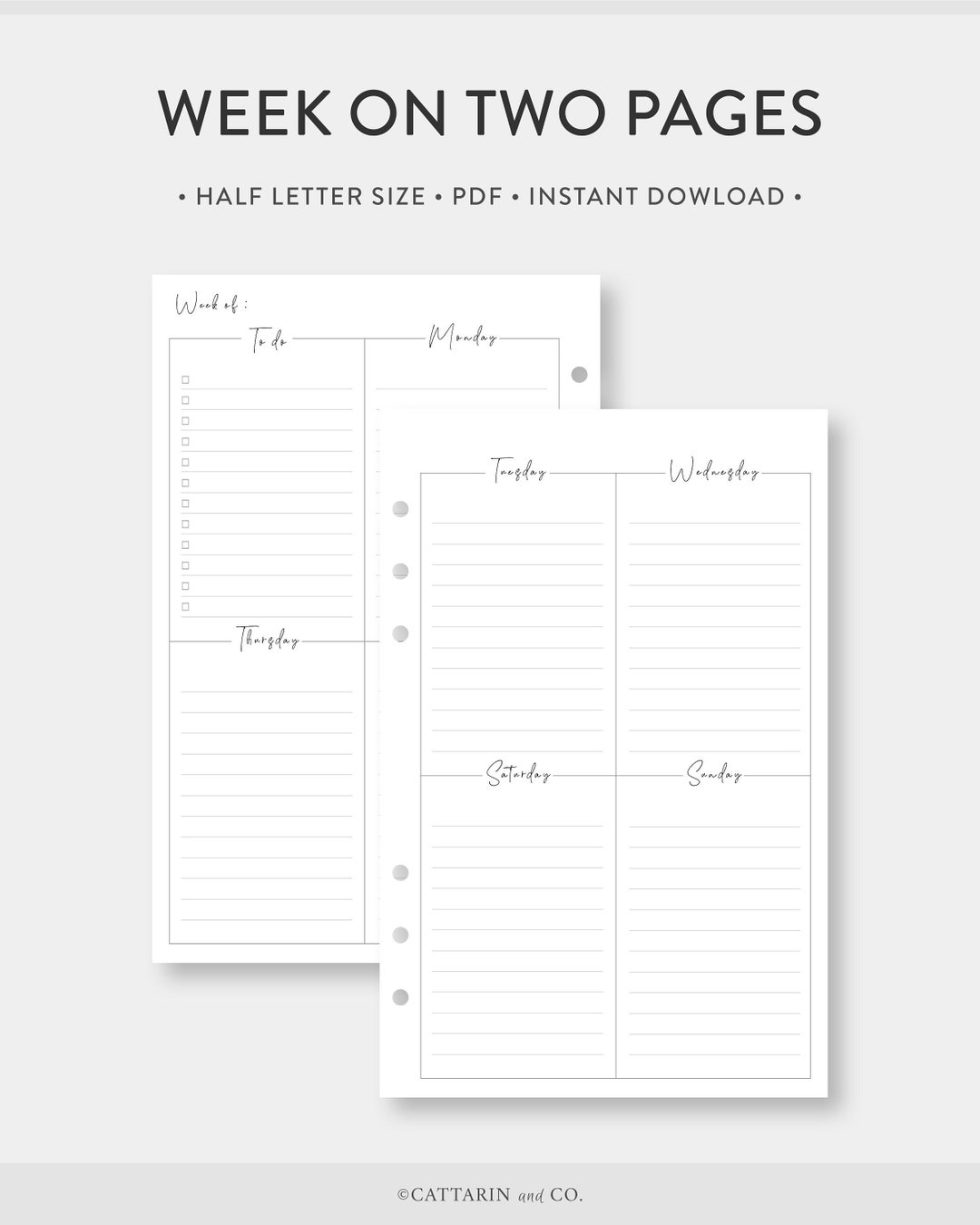 Half, Weekly Planner Printable | Week on Two Pages Wo2p | Undated ...