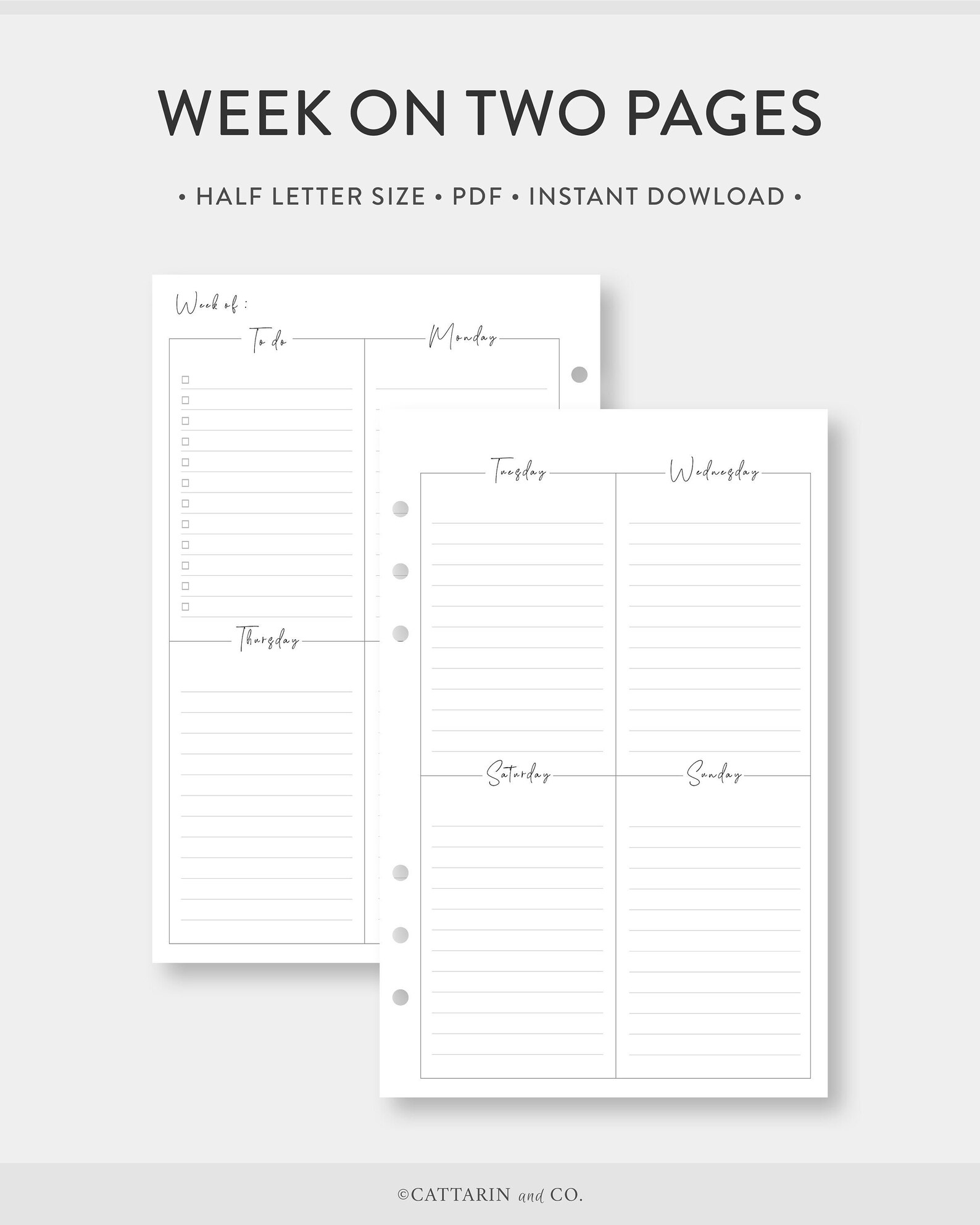 Half, Weekly Planner Printable Week on Two Pages Wo2p Undated Template ...