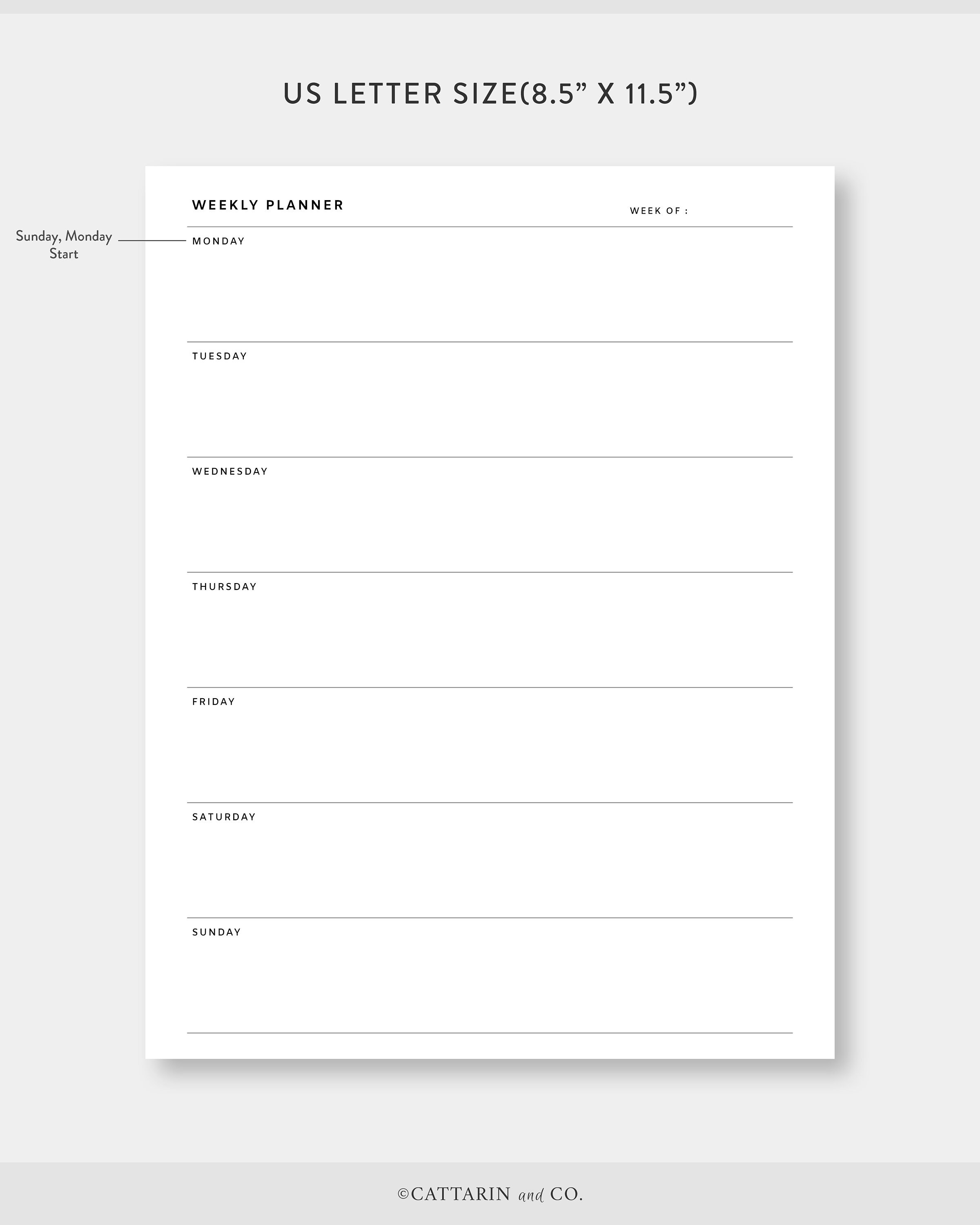 A4 US Letter, Weekly Planner Printable Week on One Page WO1P Minimal ...