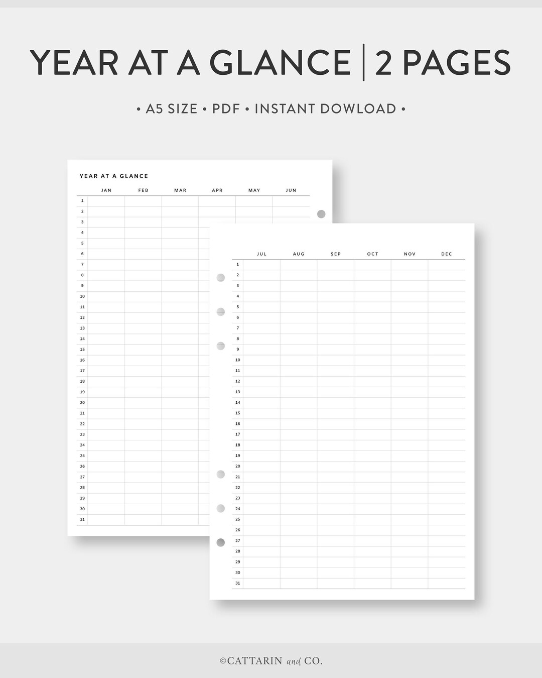 A5, Year at a Glance | Year on Two Pages | Yearly Overview | Annual ...