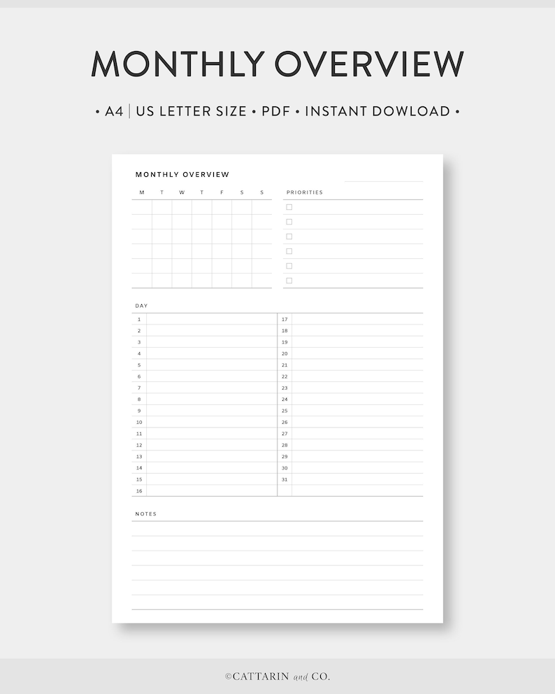 A4 | US Letter, Monthly Overview Printable | Month at a Glance | Month ...