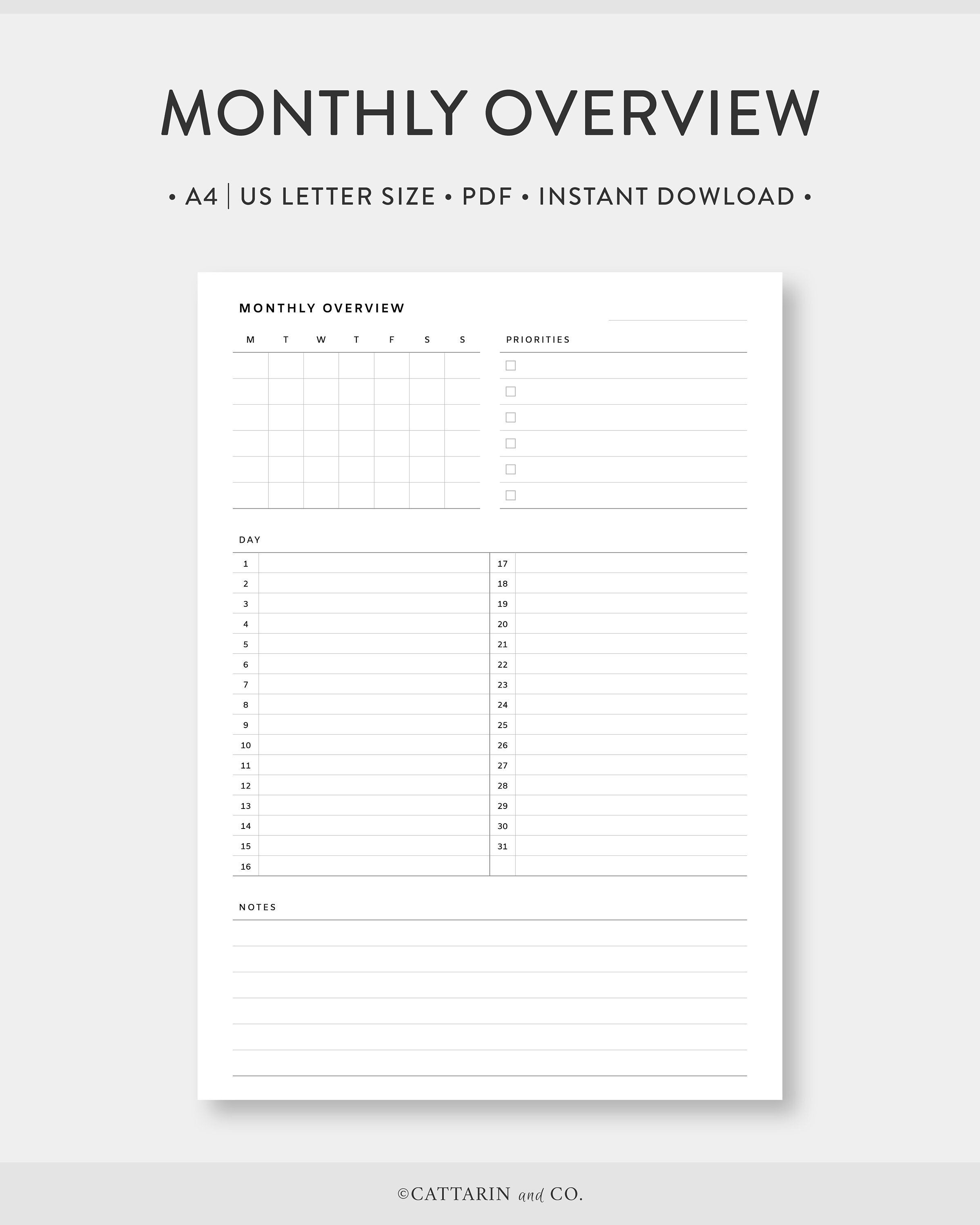 A4 | US Letter, Monthly Overview Printable | Month at a Glance | Month ...