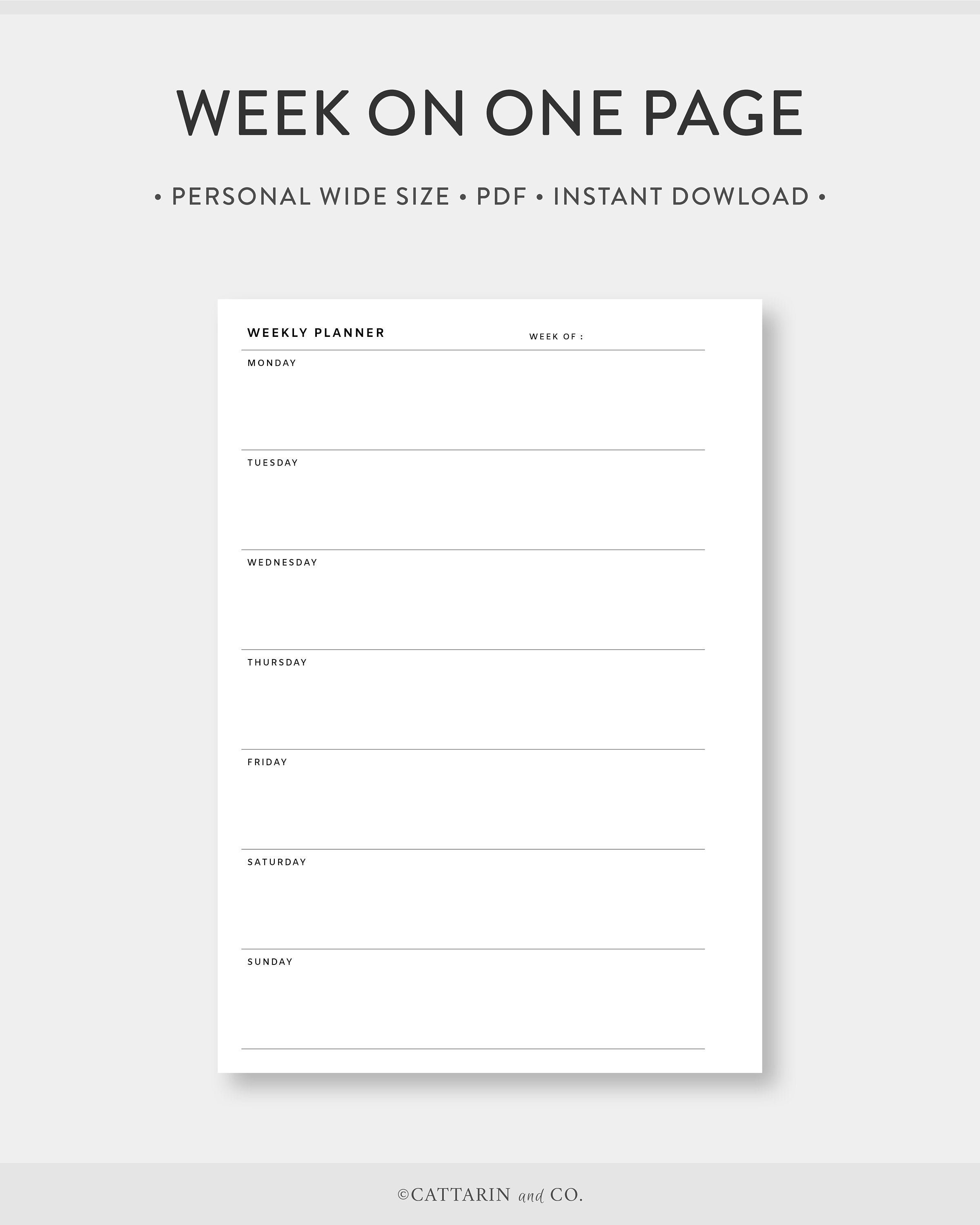 Personal Wide Weekly Planner Printable Week on One Page - Etsy