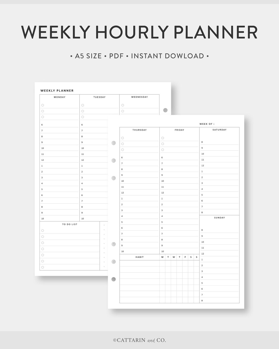 A5, Weekly Hourly Planner Printable | Weekly Schedule, Week at a Glance ...