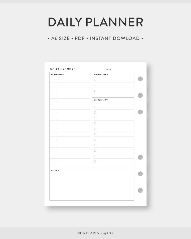 A6, Daily Planner Printable Day on One Page Undated Simple Template ...