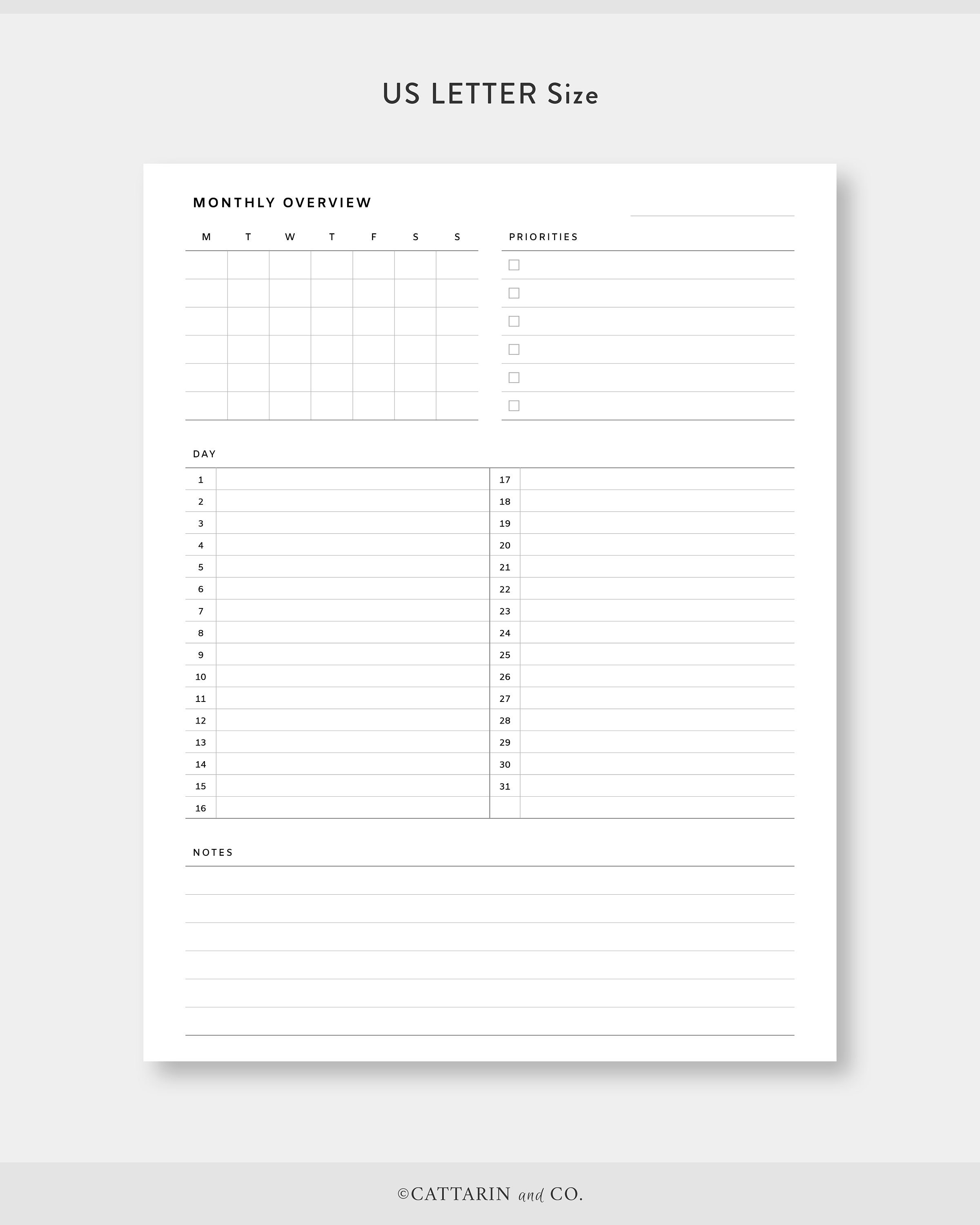 A4 | US Letter, Monthly Overview Printable | Month at a Glance | Month ...