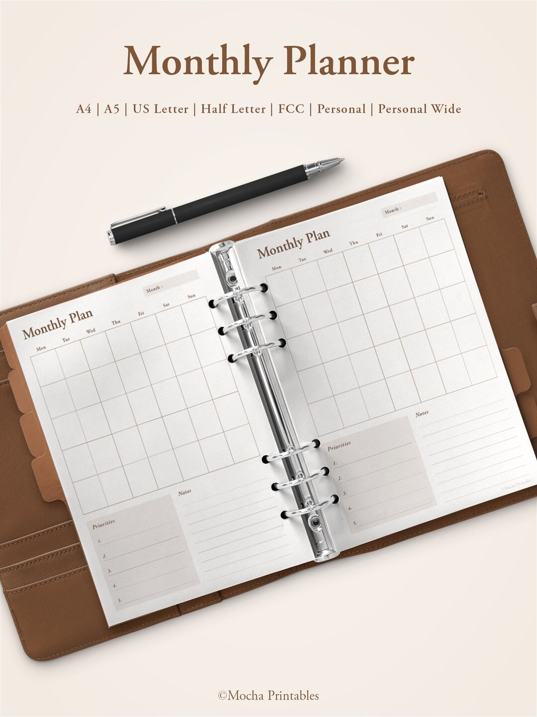 Undated Monthly Planner Printable | Month on One Page | A4, A5, US ...