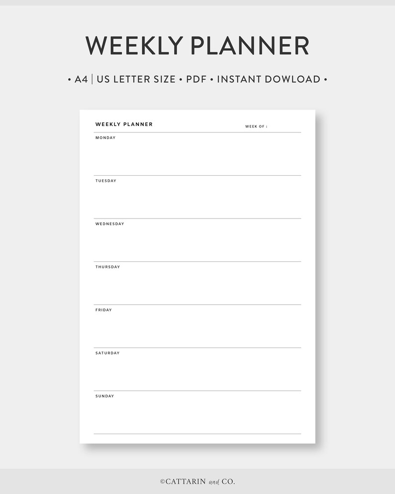 A4 US Letter, Weekly Planner Printable Week on One Page WO1P Minimal ...