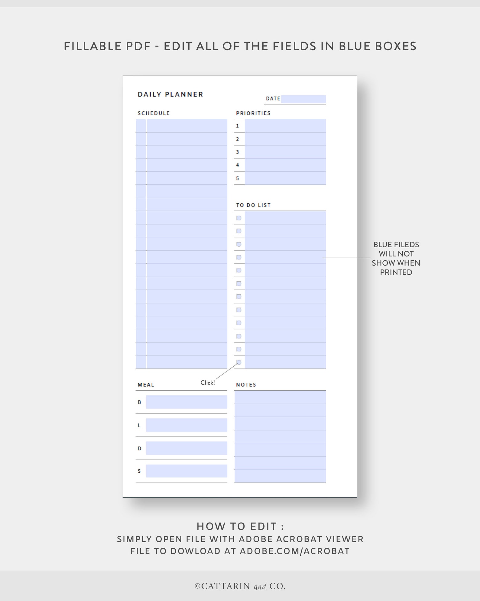 Personal, Daily Planner Printable Fillable , Editable Day on One Page ...