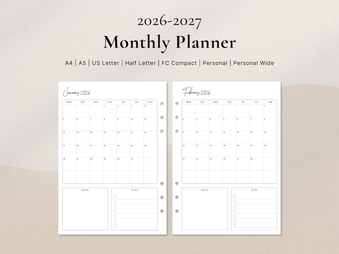 2026–2027 Monthly Planner | 2-page Calendar Layout PDF | A4, A5, US ...