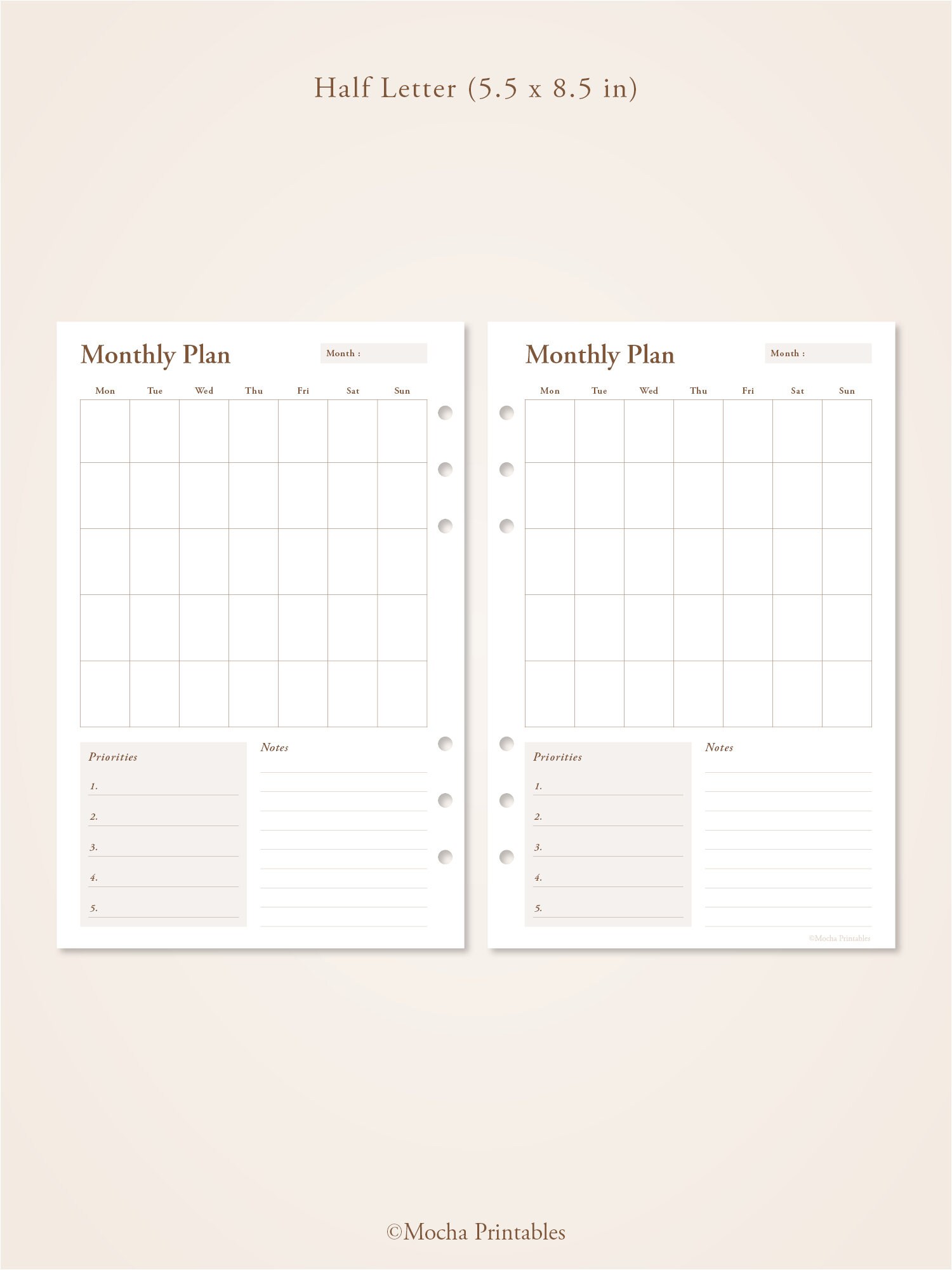 Undated Monthly Planner Printable Month on One Page A4, A5, US Letter ...