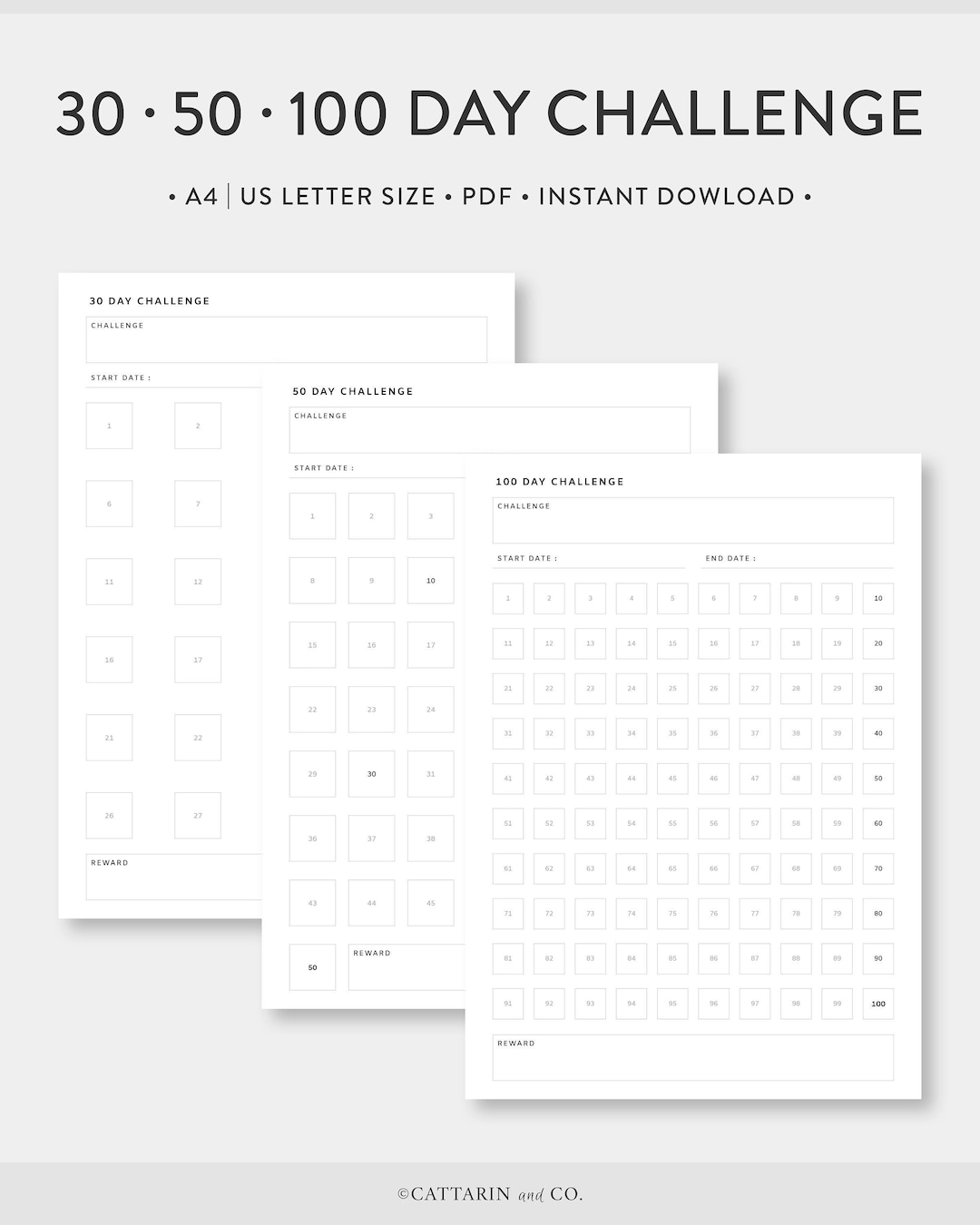 A4 | US Letter, 30, 50, 100 Day Challenge Printable - Etsy