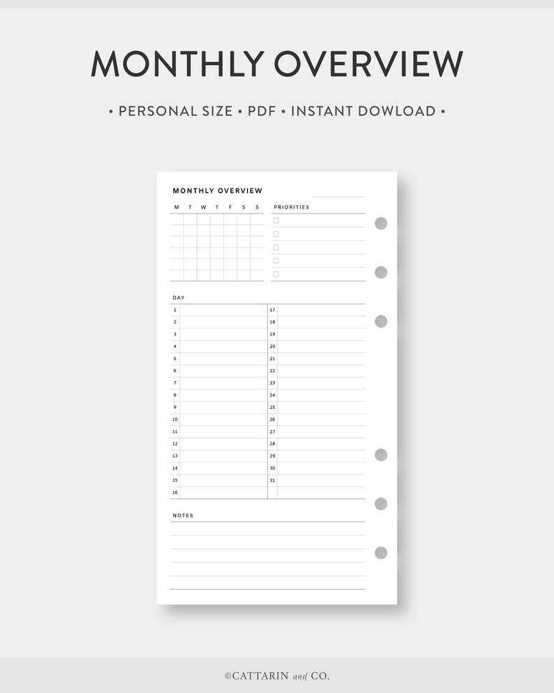 Personal, Monthly Overview Printable | Month at a Glance | Month on One ...