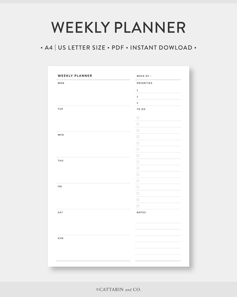 A4 | US Letter, Weekly Planner Printable | Minimalist to Do, Task List ...