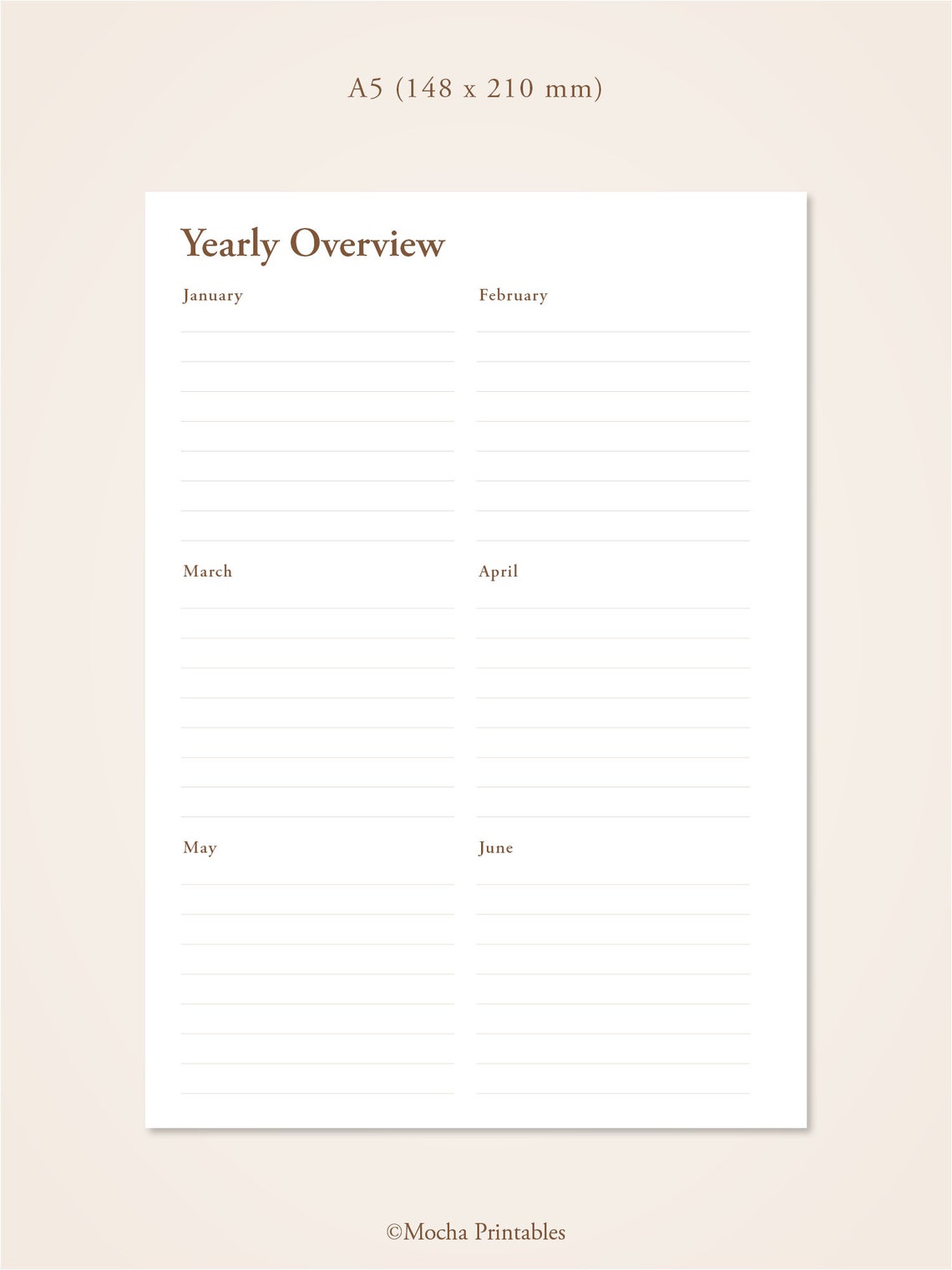 A5, Yearly Overview Printable Year on Two Pages Year at a Glance Annual ...