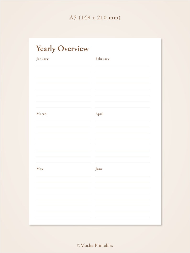 A5, Yearly Overview Printable Year on Two Pages Year at a Glance Annual ...