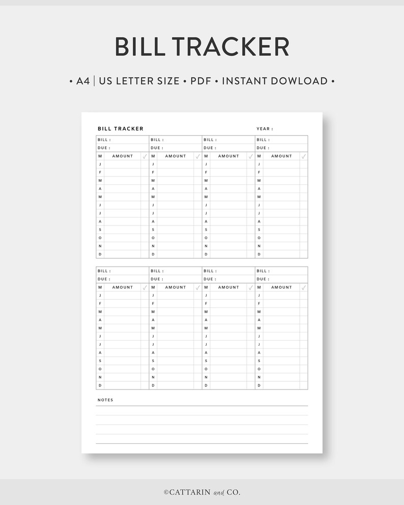 A4 | US Letter, Bill Tracker Printable | Spending Log | Bill Organizer ...