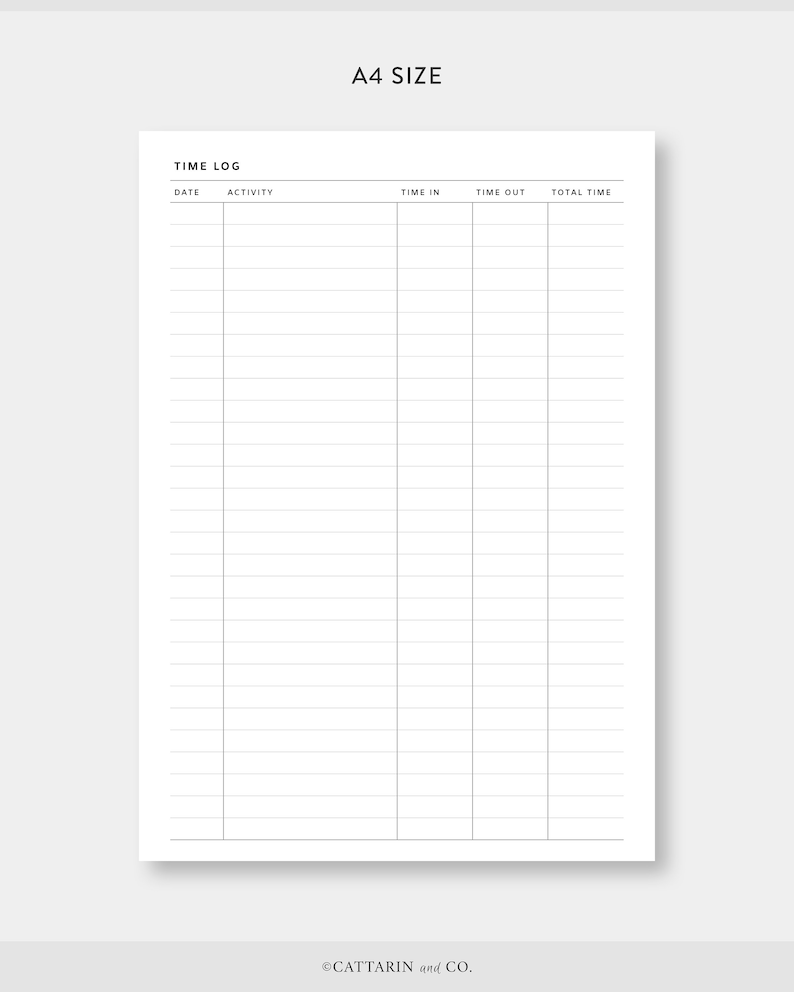 A4, US Letter, Work Time Log Printable | Simple Time Sheet Tracker ...