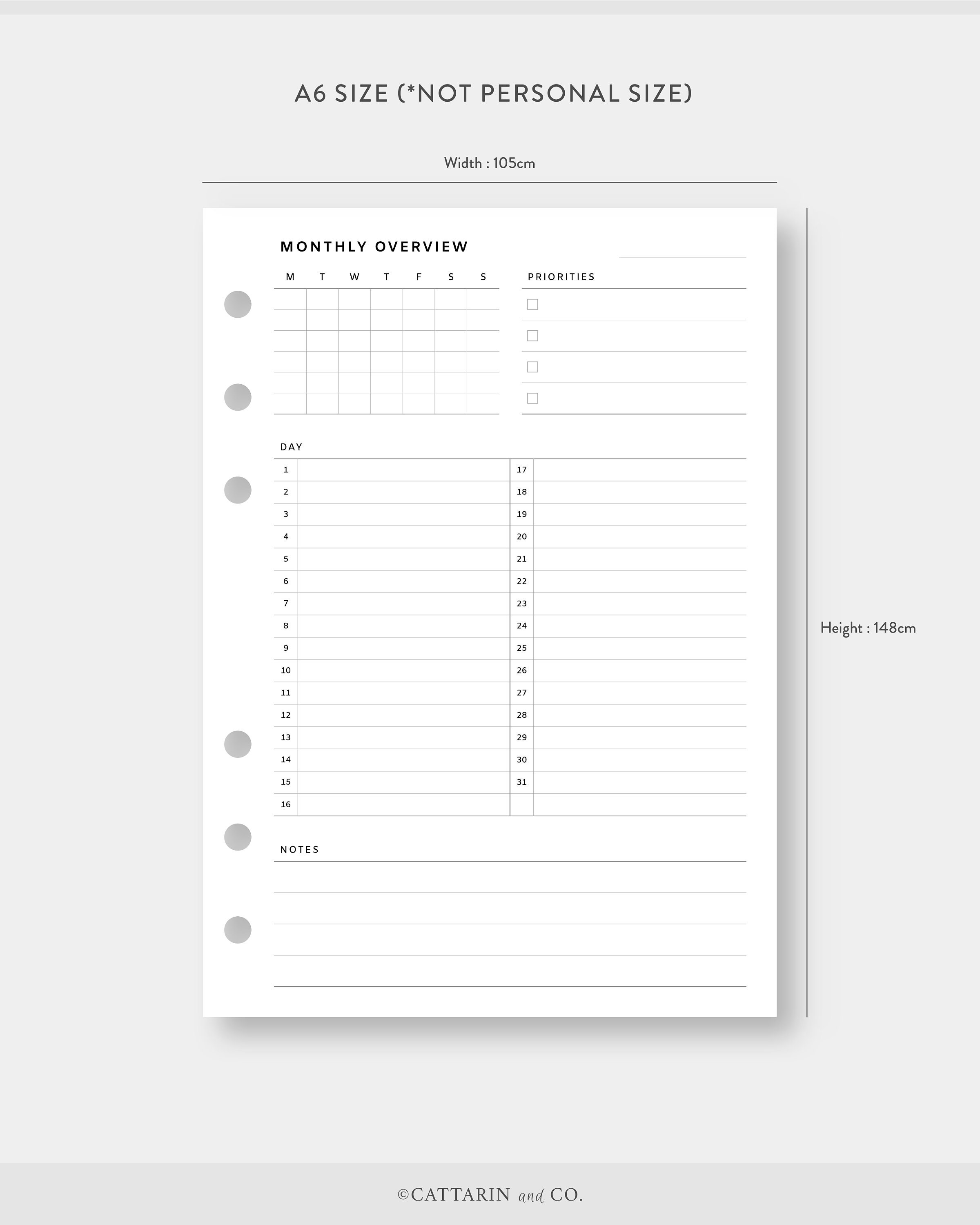A6, Monthly Overview Printable Month at a Glance Month on One Page ...