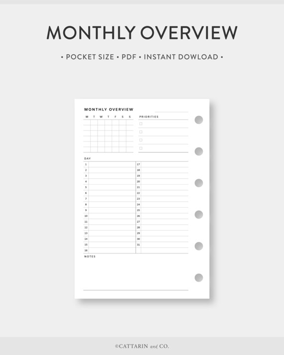Pocket Monthly Overview Printable Month At a Glance Month | Etsy