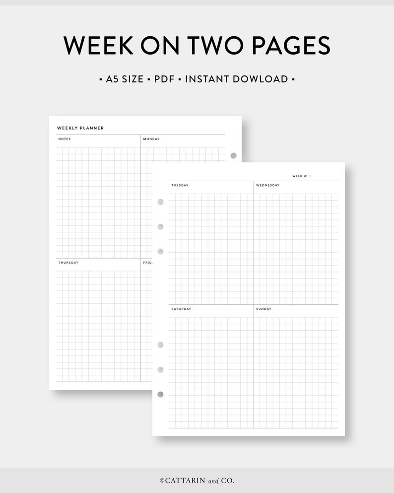 A5, Weekly Planner Printable | Vertical Grid | Week on Two Pages ...