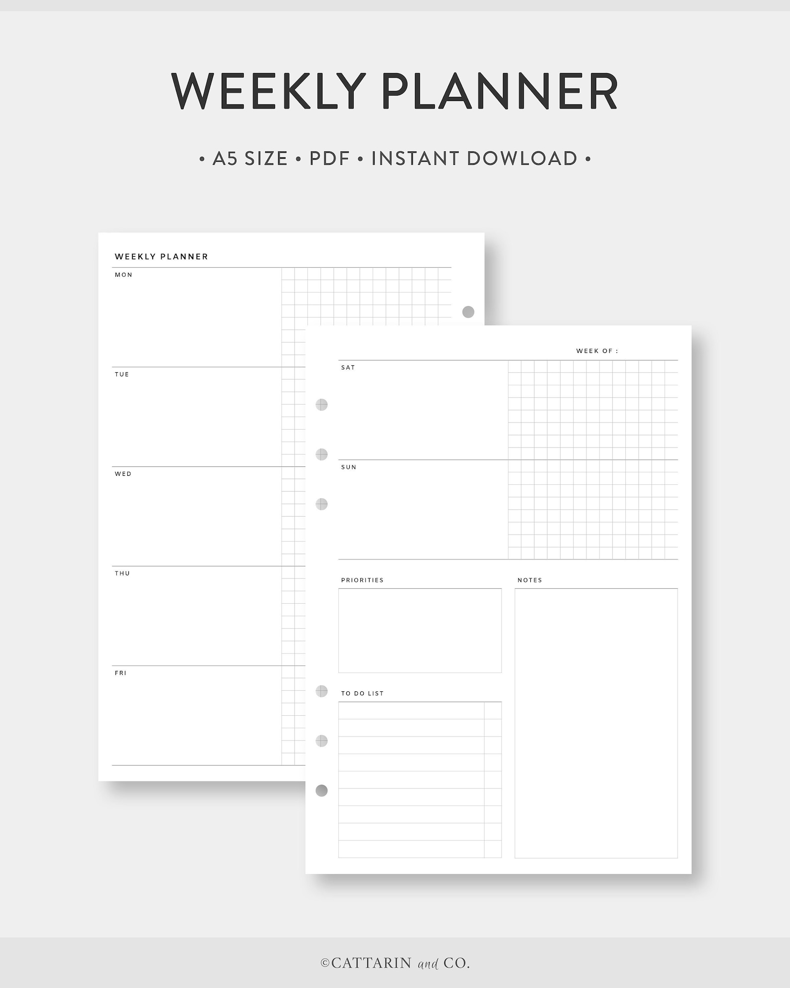A5 Weekly Planner Printable Monday Friday Grid Layout | Etsy