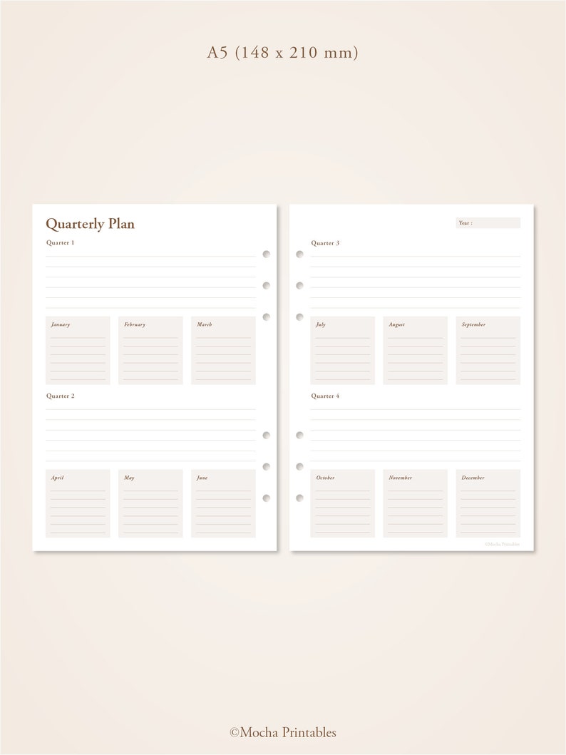 Quarterly Planner Printable | Year on Two Pages | A4, A5, US Letter ...