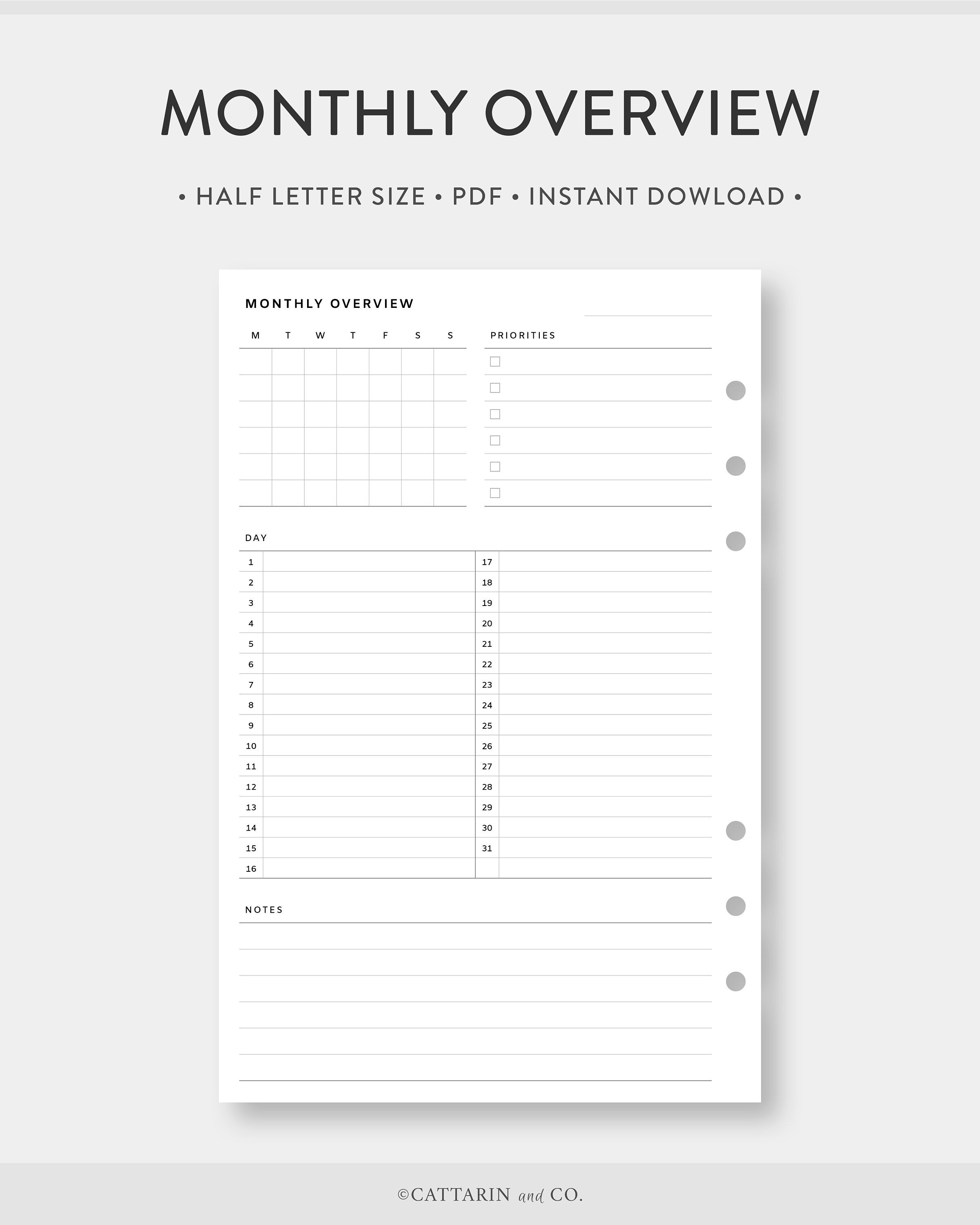 Half, Monthly Overview Printable Month at a Glance Month on One Page ...