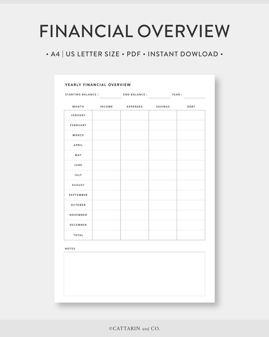 A4 | US Letter, Yearly Financial Overview Printable - Etsy