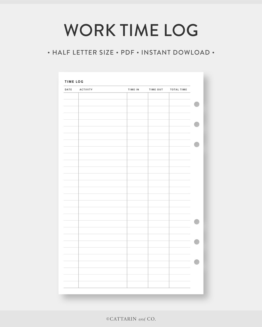 Half Letter, Work Time Log Printable | Simple Time Sheet Tracker ...