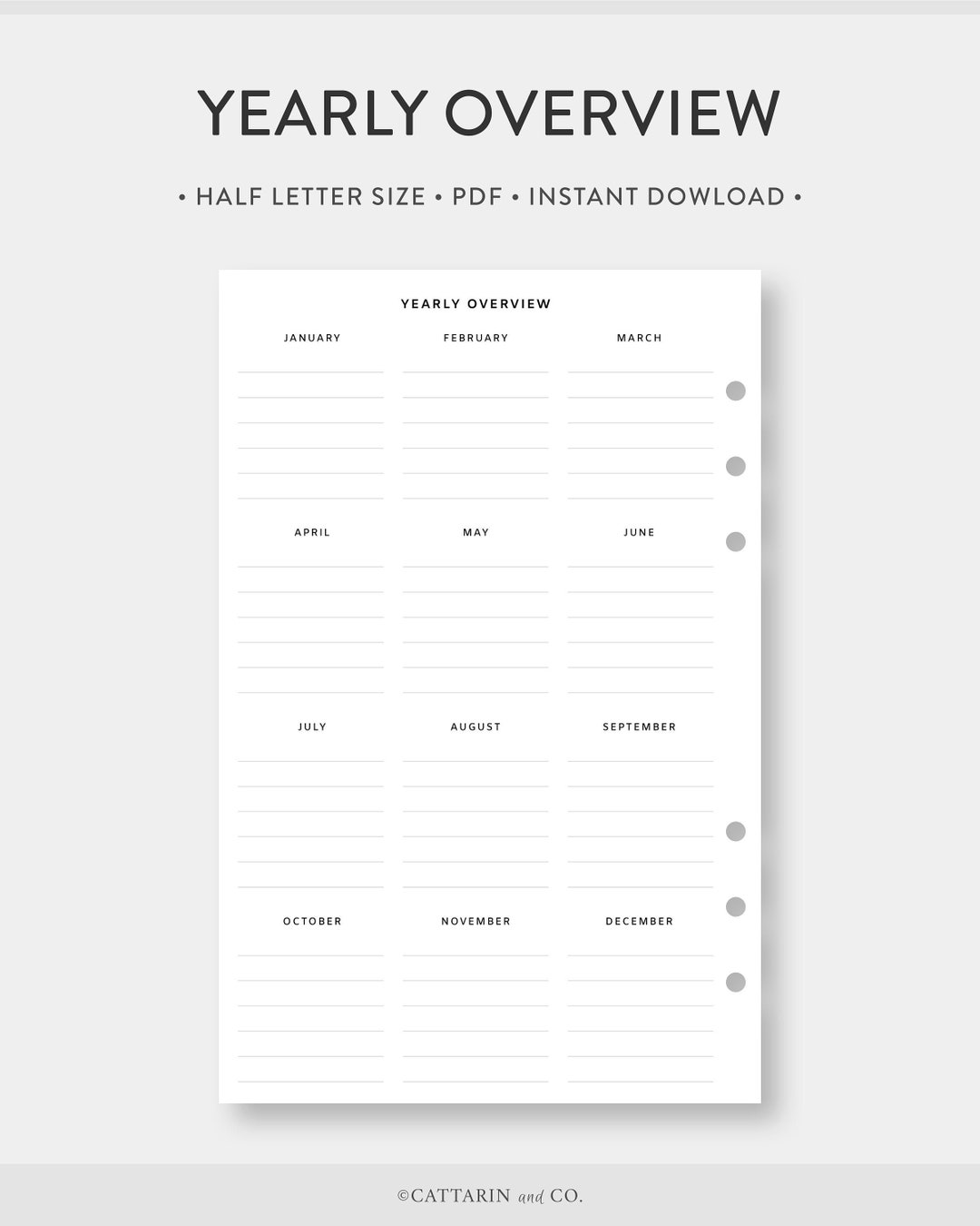 Half Letter, Yearly Overview Printable | Year at a Glance | Annual ...