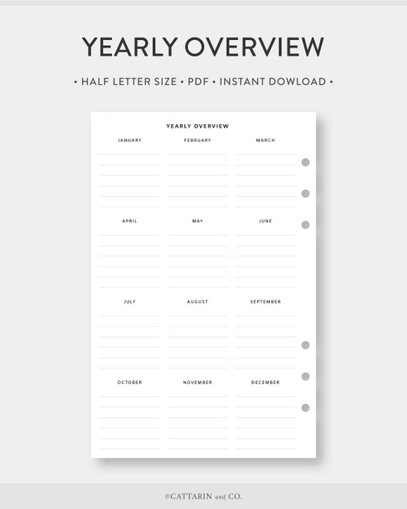 Half Letter Yearly Overview Printable Year at a Glance - Etsy