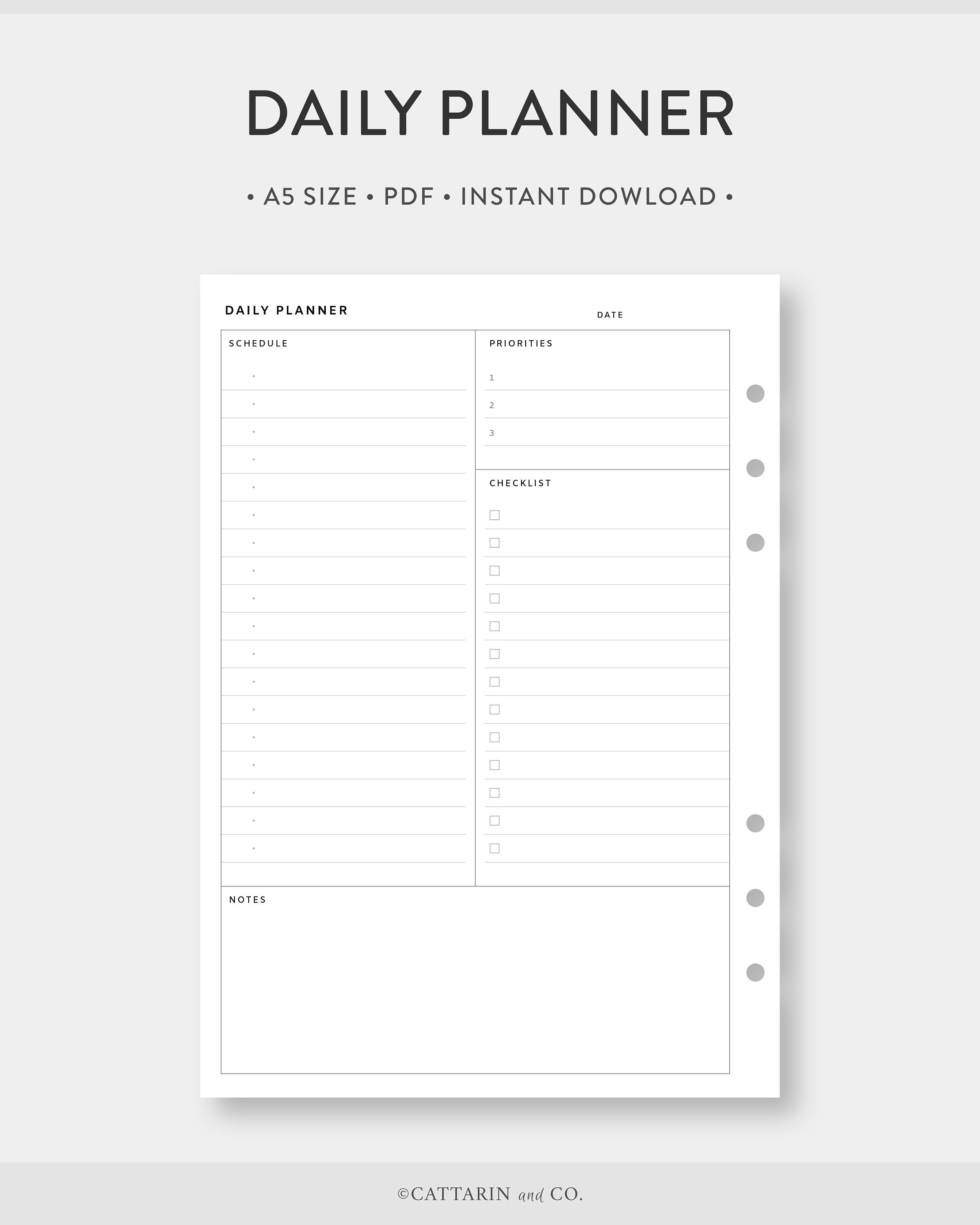 A5, Daily Planner Printable | Day on One Page | Undated Simple Template ...